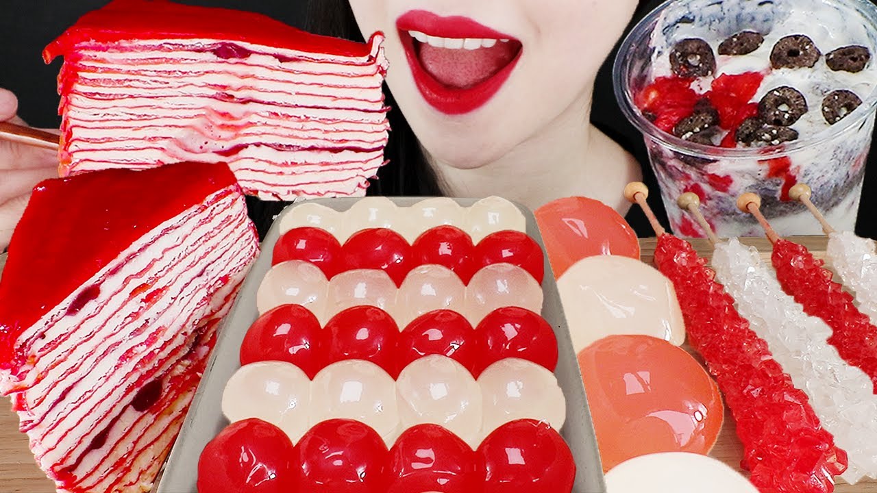 ASMR RED FOODS KYOHO JELLY & CAKE & POPPING BOBA & CANDY & NANA EATING ...