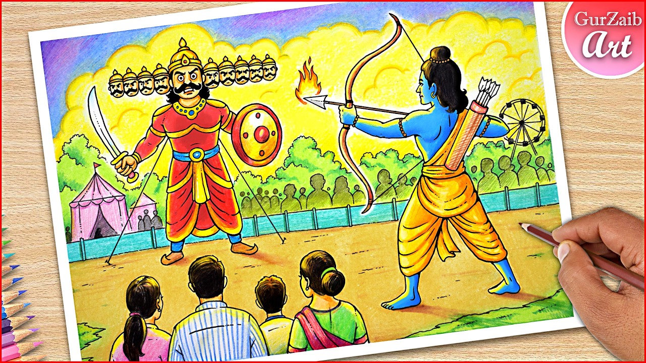 How to Draw Dussehra Drawing / Indian festival scenery drawing ...