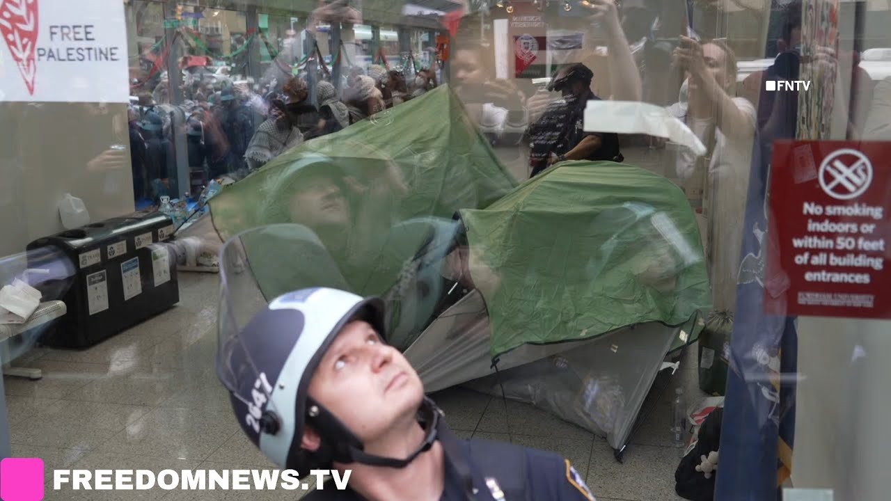 NYPD Storm "Liberated Zone" at Fordham University, Throw tents and tarp ...