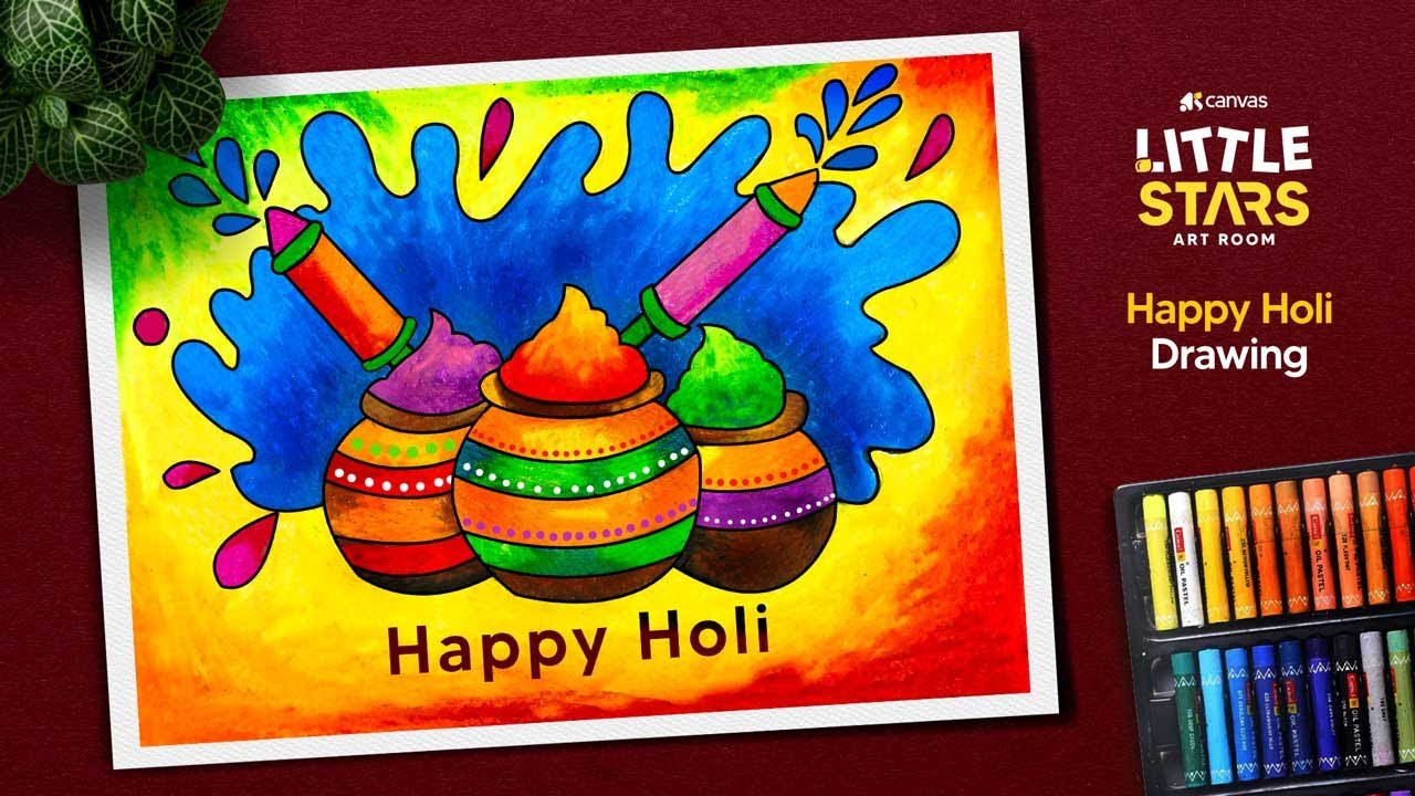 Holi drawing | Happy Holi drawing easy | Holi scenery drawing oil ...