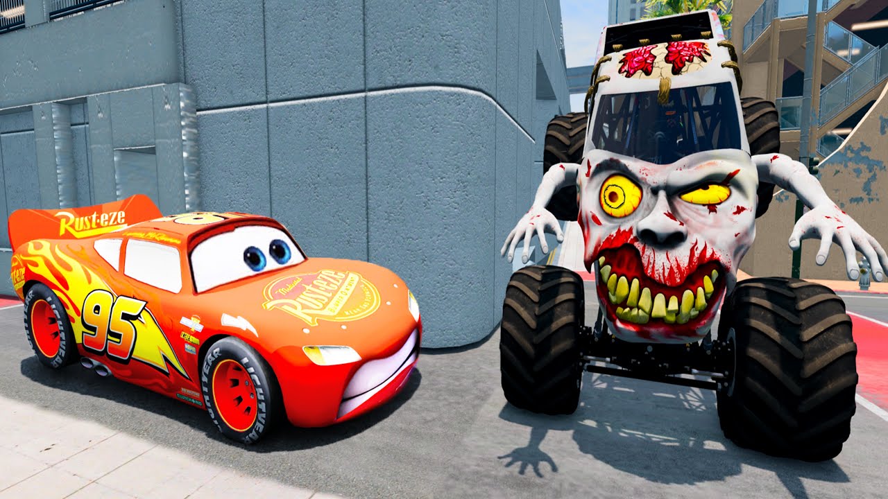 Lightning McQueen vs ZOMBIE ATTACK!#1 MONSTER TRUCKS Jam BeamNG drive ...
