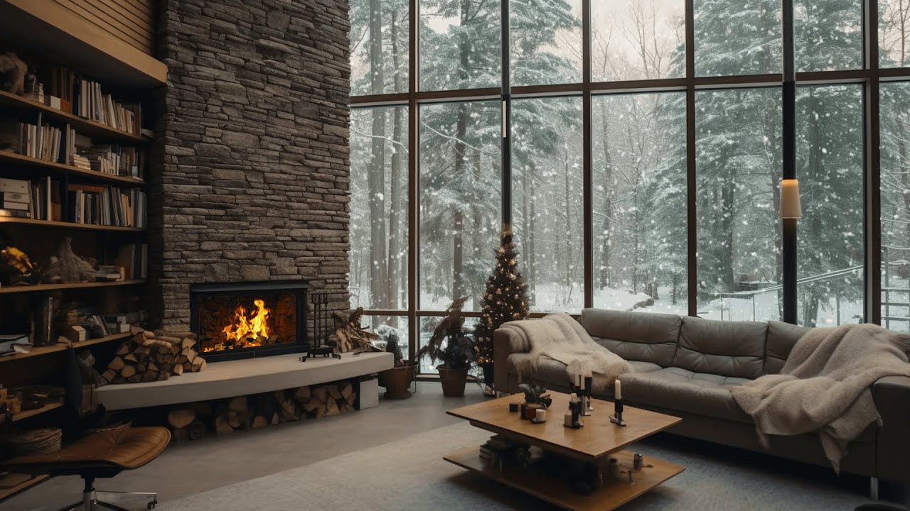 Cozy Winter Forest Fireplace | Snowy Window Scene for Stress Relief and ...