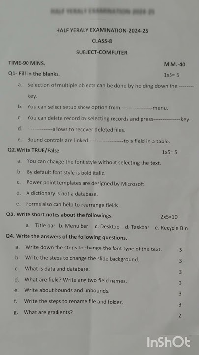 Class 8th computer science half yearly question paper 2024-2025 - YouTube