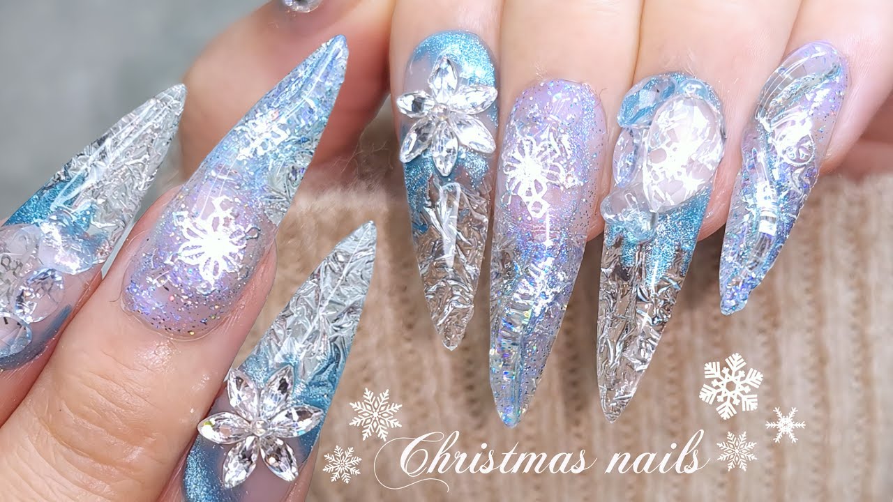 Sub크리스마스 네일🎄 얼음네일 스톤아트 연장네일 네일아트 셀프네일 네일asmr Youtube