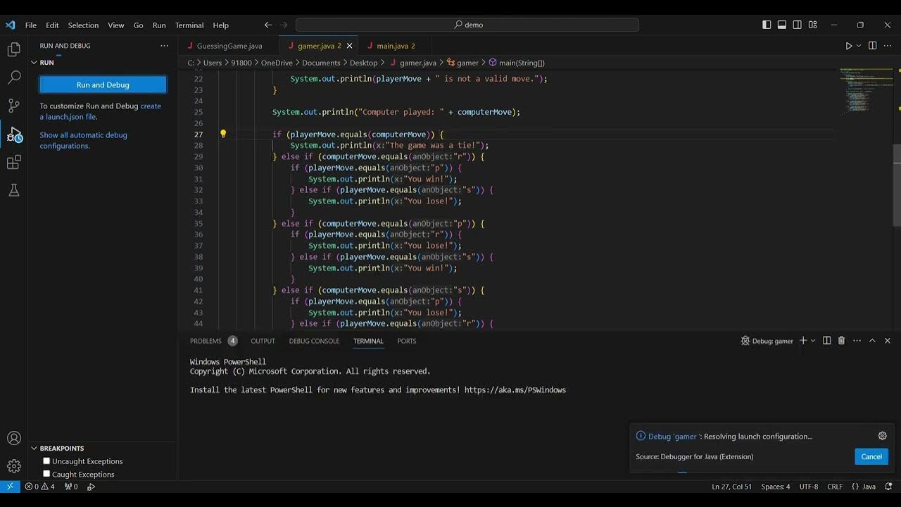 Rock, Paper, Scissor in java game demo Visual Studio Code - YouTube