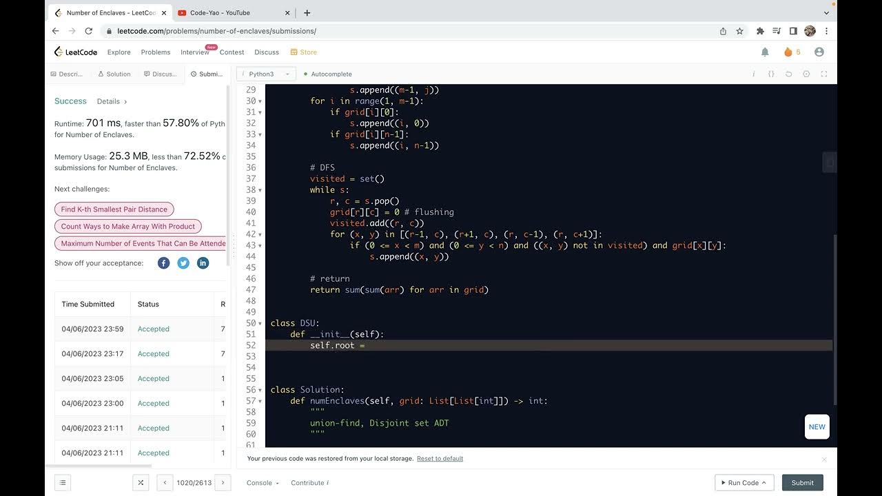 leetcode 1020. Number of Enclaves - 2 solutions: traversal, and union-find - YouTube