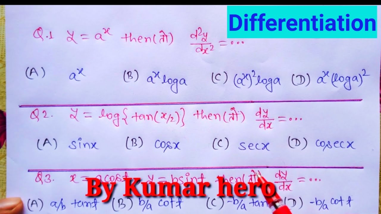 Differentiation important Question answer | Differentiation class 12 ...