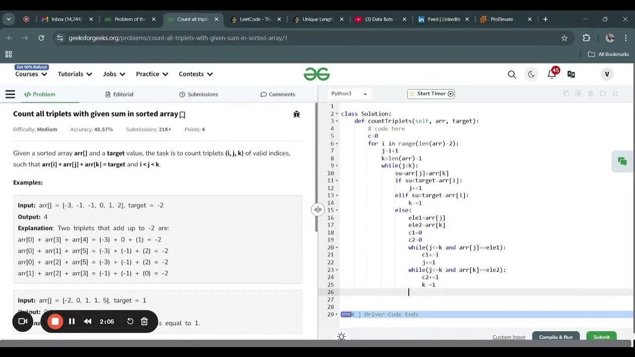 Count All Triplets With Given Sum In Sorted Array Youtube
