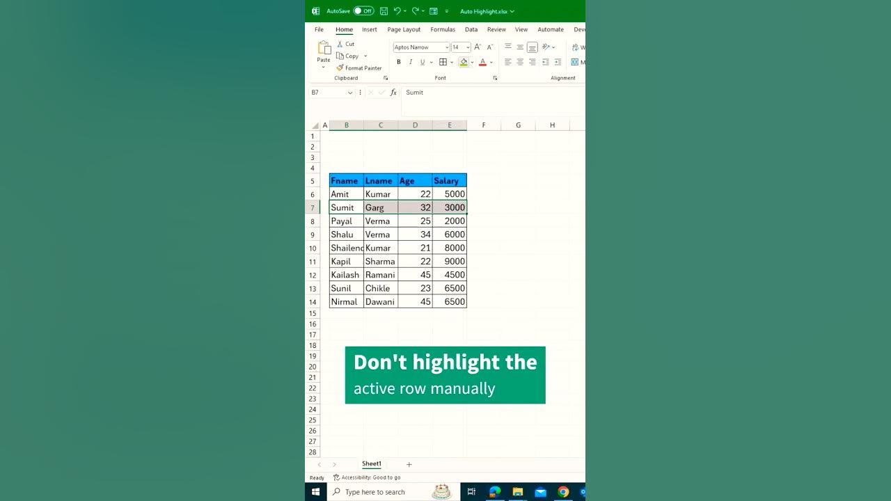 Auto Highlight Row In Microsoft Excel Using Vba Code Shorts Excel Exceltips Microsoft Youtube