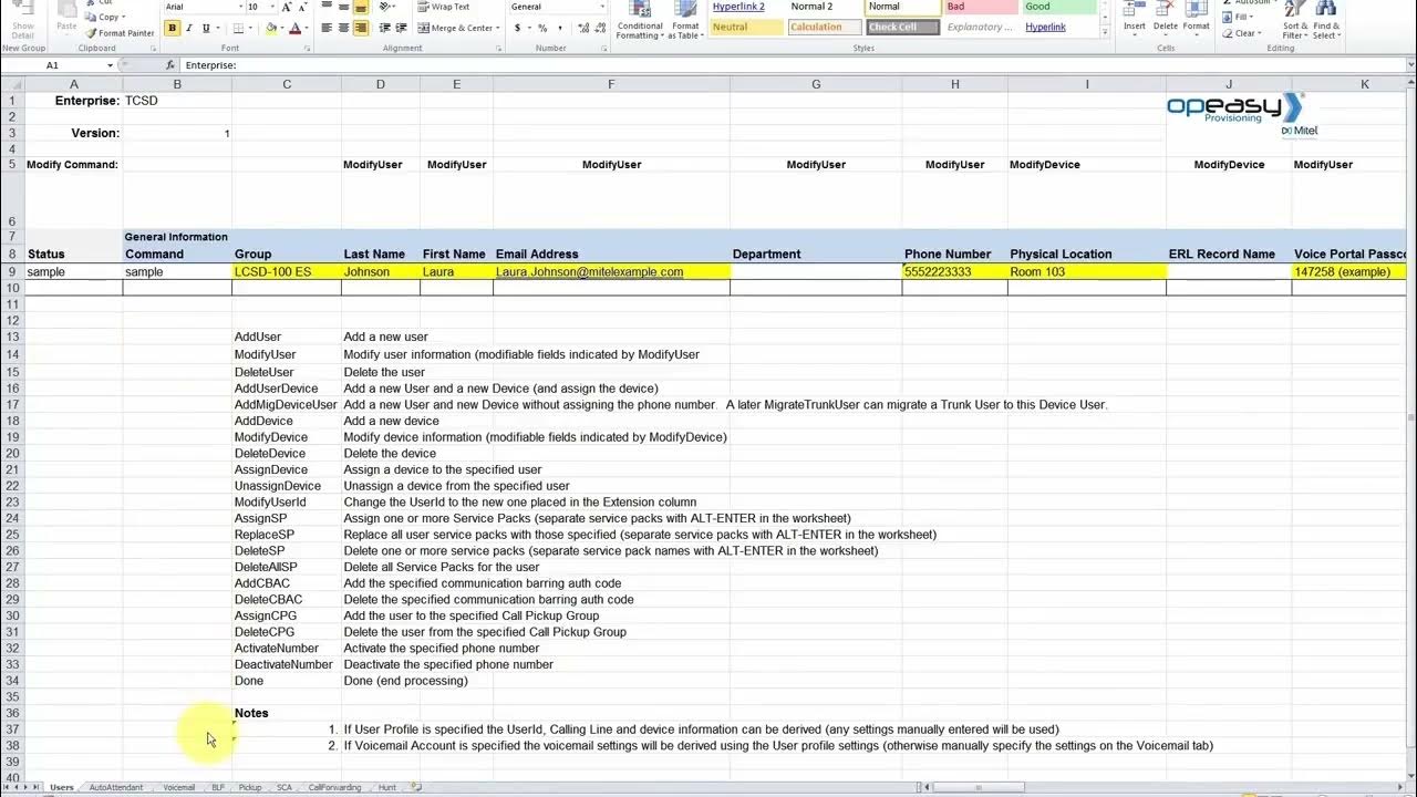 Mitel Advanced Provisioning Spreadsheet Users Tab - YouTube