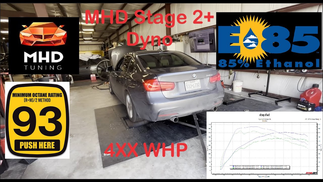F30 B58 340i BMW MHD Stage 2+ Dyno 93 Pump Gas vs E40 - YouTube