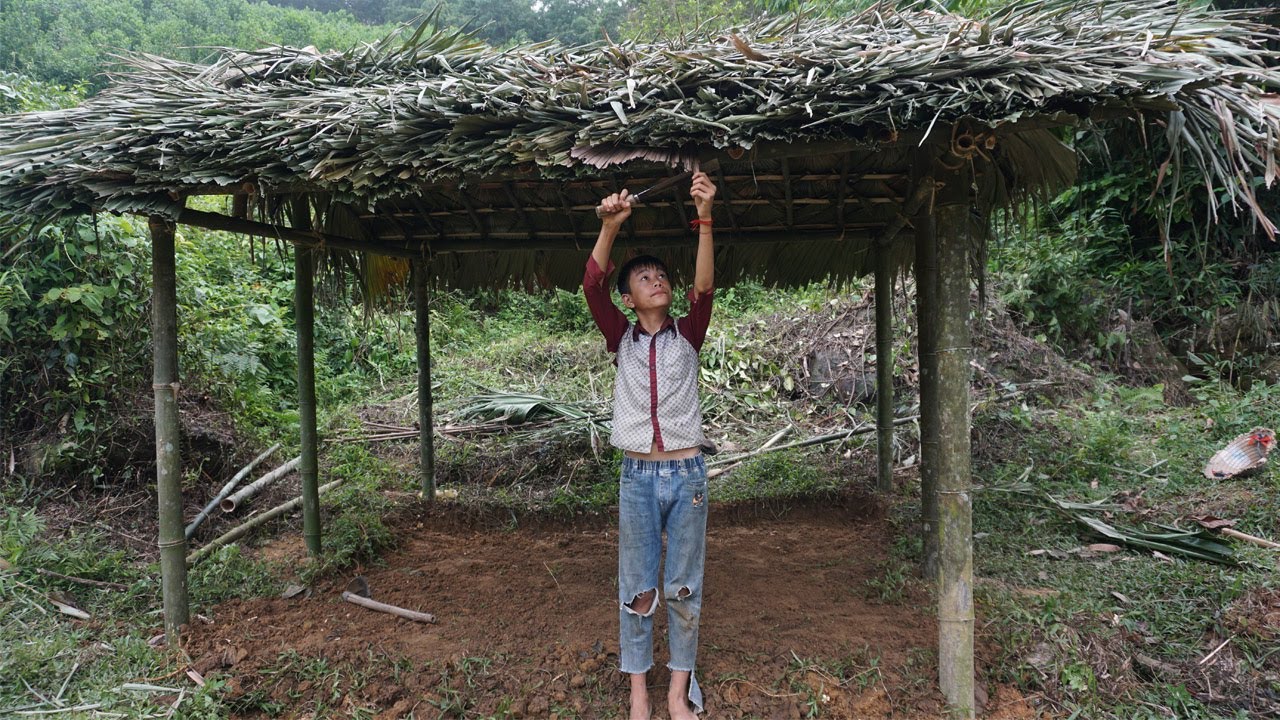 Poor Boy Building bamboo house in the forest, Roofing leaf skills ...
