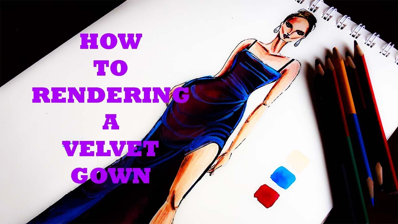 How to draw a fashion illustration| Fabric rendering| Velvet gown ...