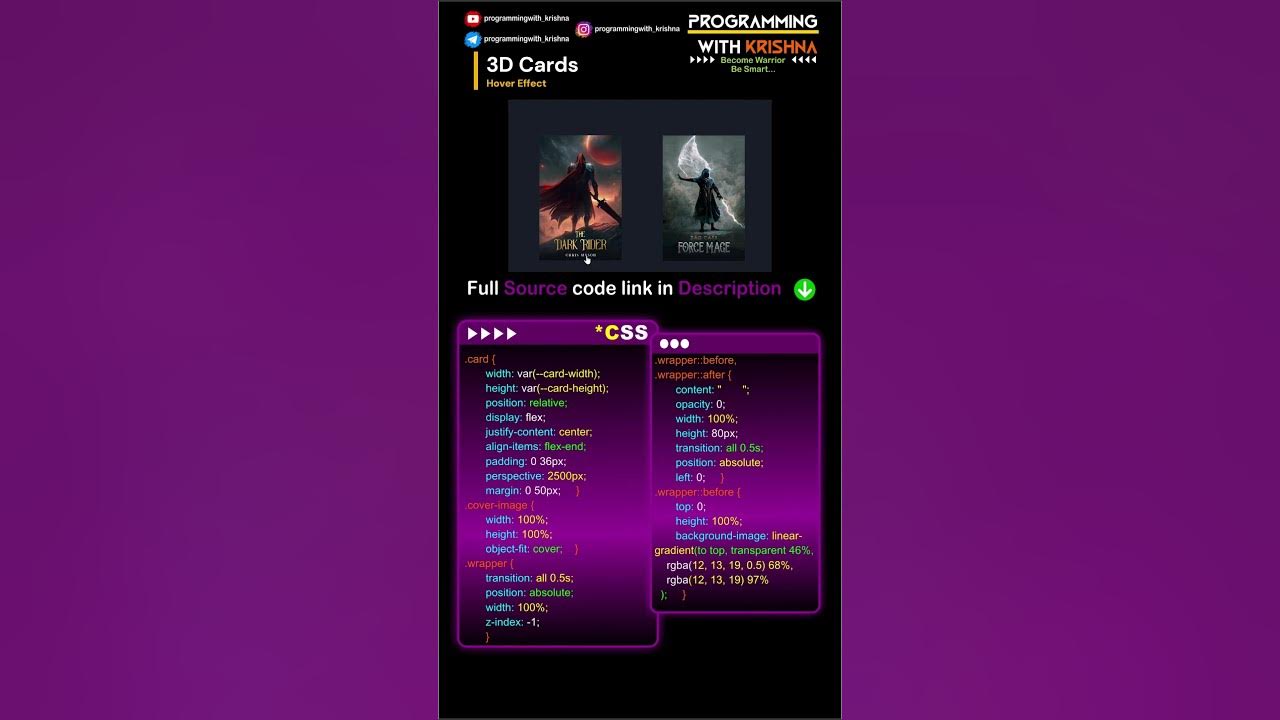 3d Cards Hover Html Css Programmingwithkrishna Html Css Cssanimation Js Javatutorial 