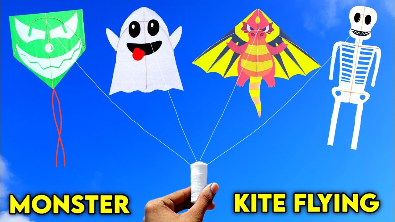 4 super Monster kite , how to make gost kite , skeleton kite flying ...