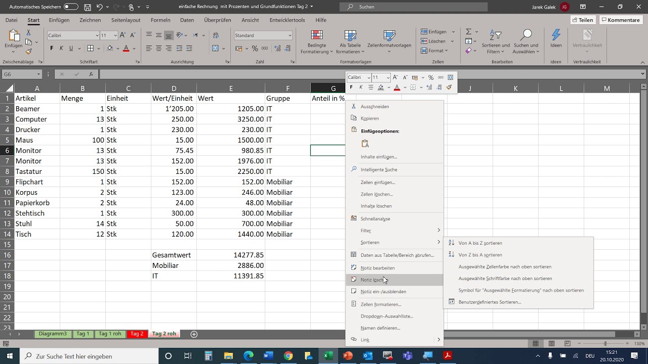 Excel Basis, 20102020, einfache Tabelle, Grundfunktionen, Mittelwert ...