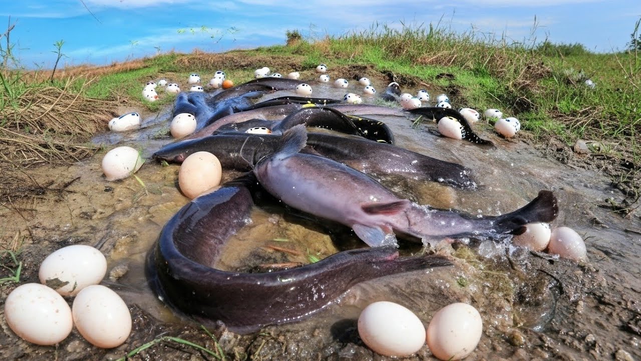 amazing - A man catch a lot of fish and pick eggs in pool in rice field ...