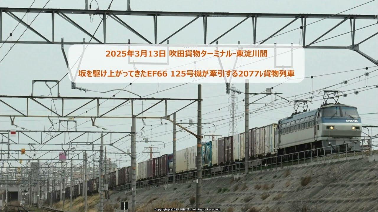 坂を駆け上がってくるEF66 125号機牽引の2077ﾚ貨物列車の撮影です（R7.3.13） - YouTube