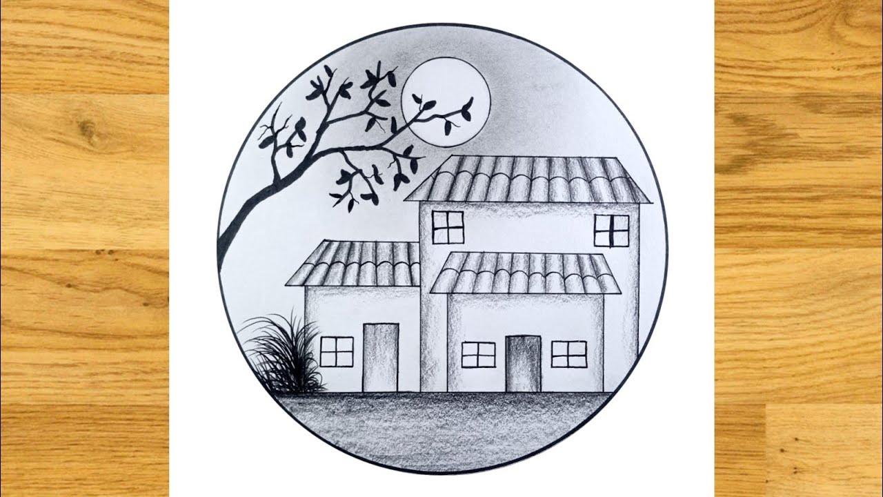 How to draw a Beautiful Home with circle scenery easy drawing - step by ...