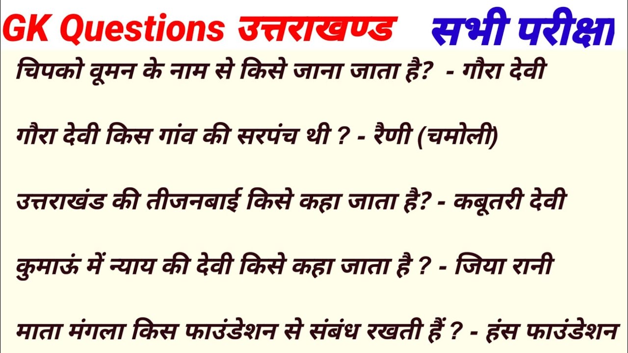 uttarakhand gk question in hindi for all competitive exams | gk ...