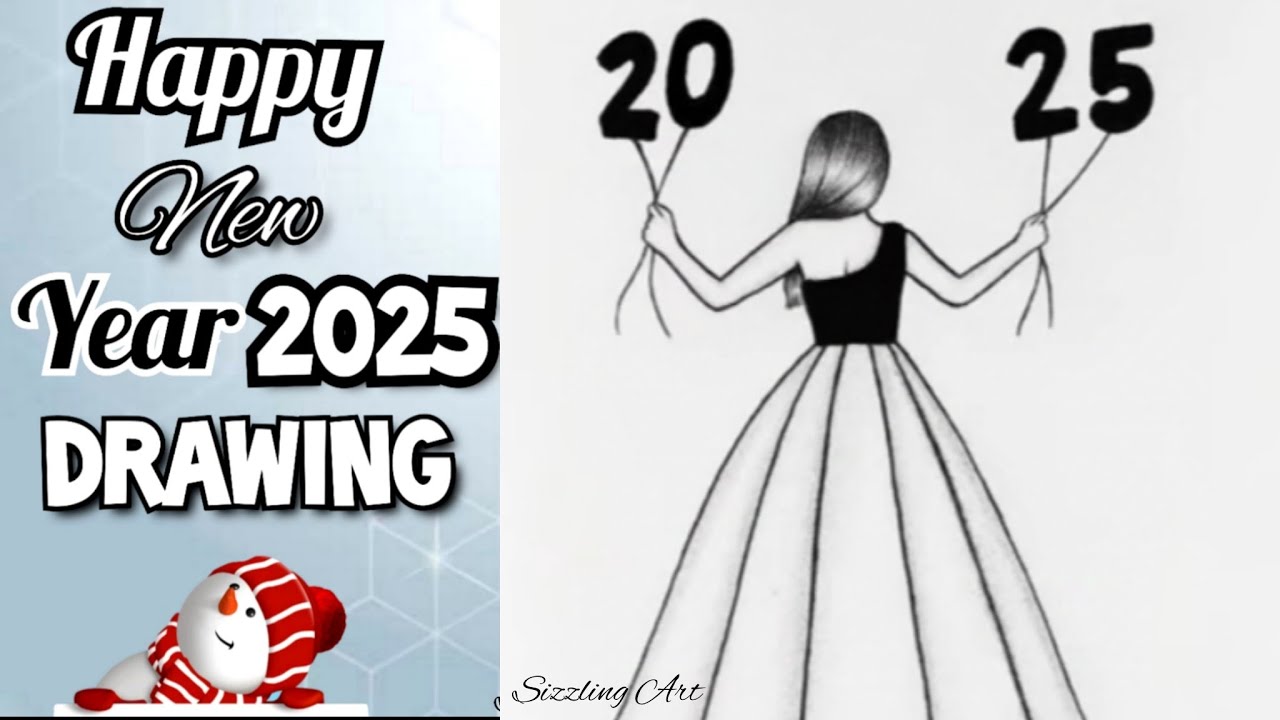 Happy New Year 2025 - Girl drawing tutorial / A girl celebrating New ...