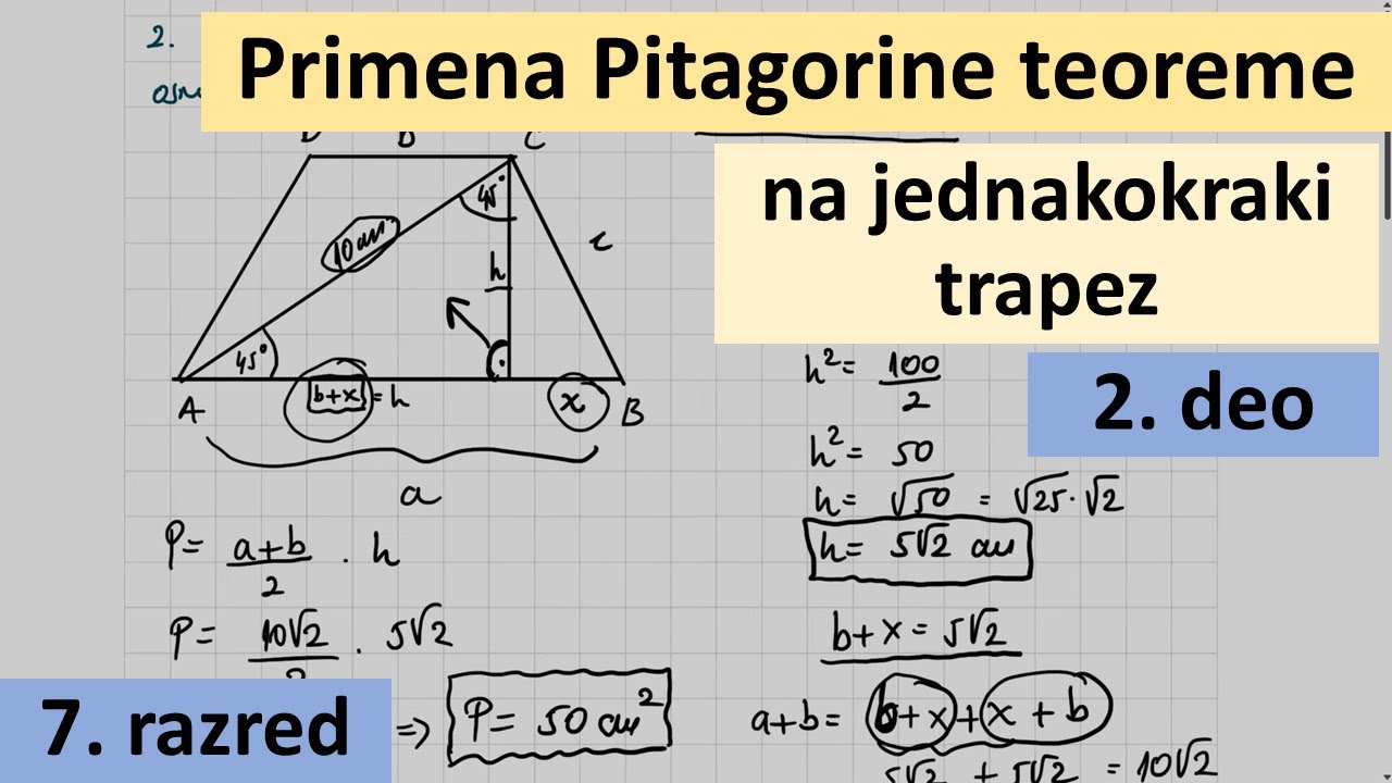 Primena pitagorine teoreme na jednakokraki trapez 2 - YouTube
