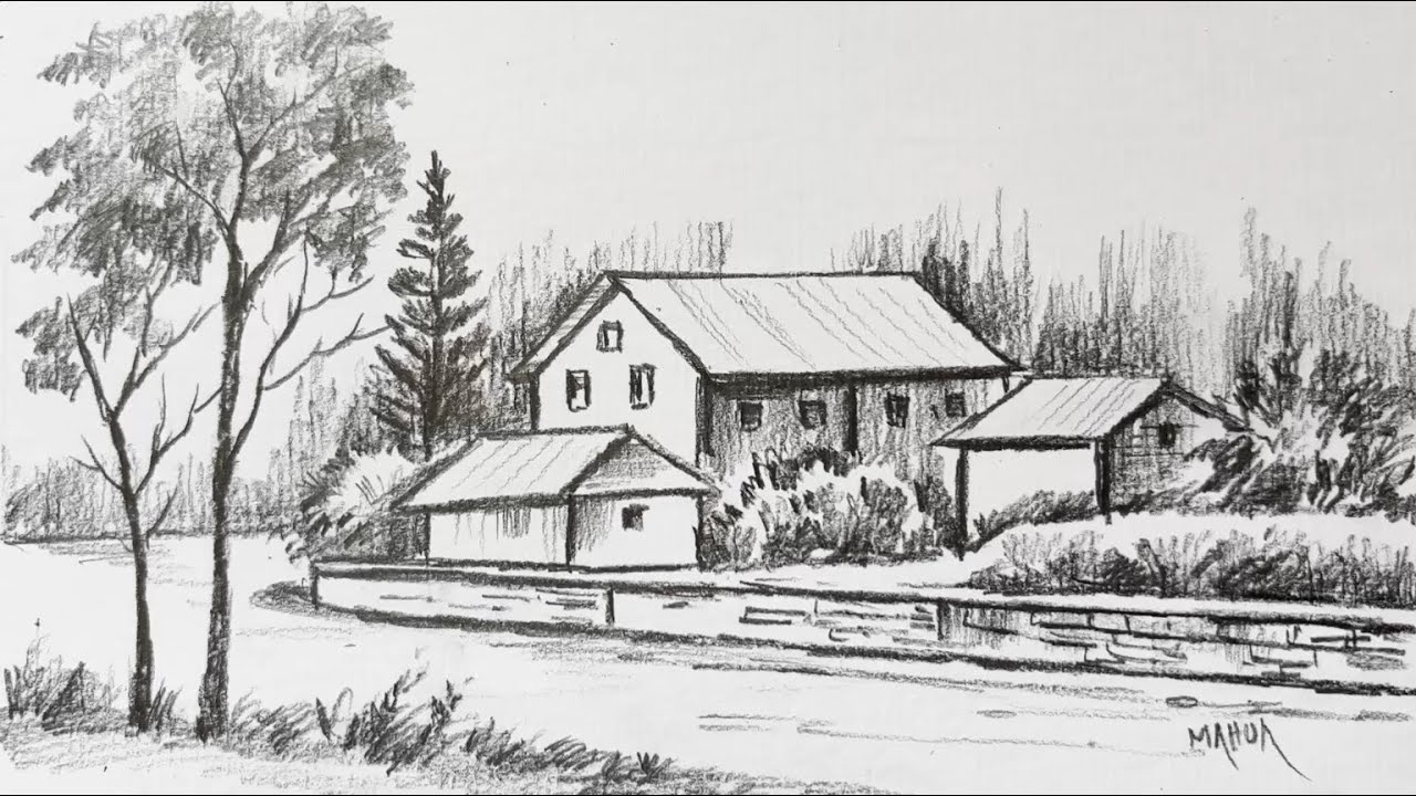 Pencil Sketch of a Simple House and Trees | Landscape for Beginners ...