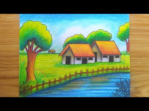 House Drawing || How to Draw a Village Mud-Hut Scenery || Easy House ...