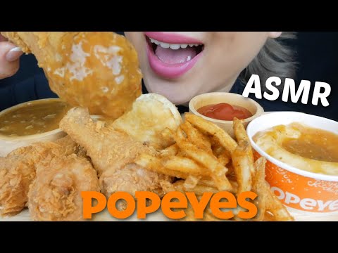 POPEyes Crispy Fried Chicken with Classic Cajun Gravy, Fries and Biscuit ASMR Relaxing Eating Sounds