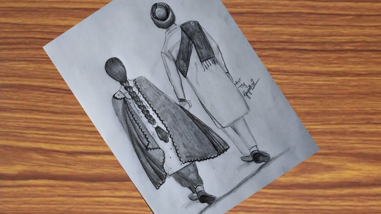 how to draw panjabi couple | panjabi girl and boy drawing| very easy ...