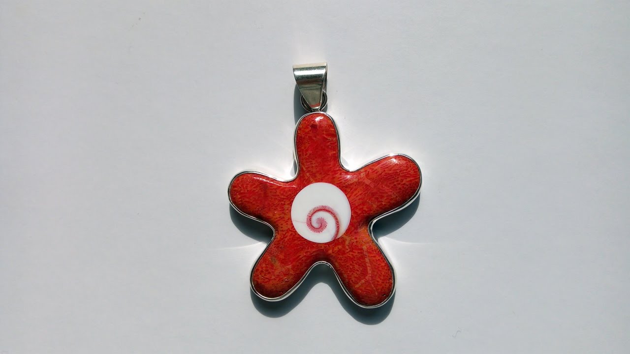 PC.9 -Coral and operculum shell pendant with 925 sterling silver - YouTube