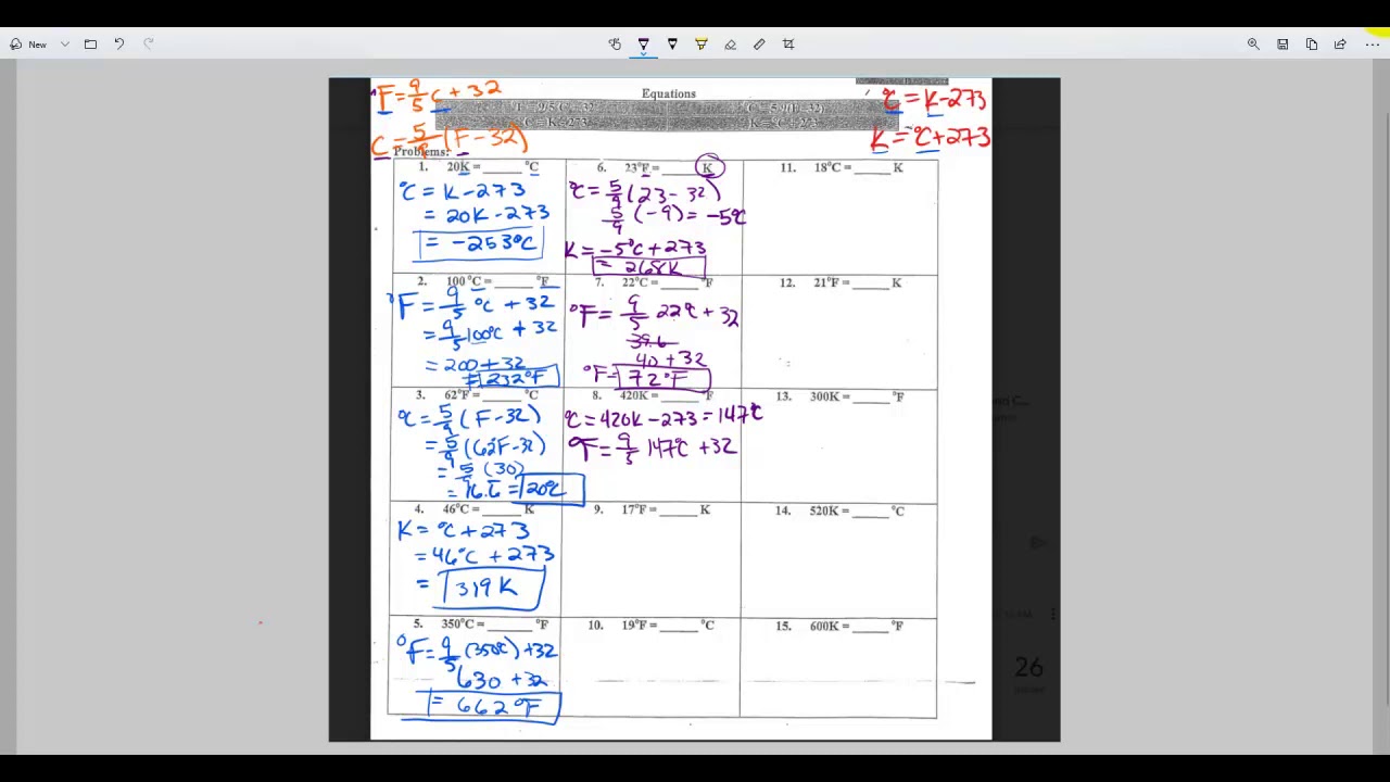 Temperature Conversions WS Answer Key - YouTube