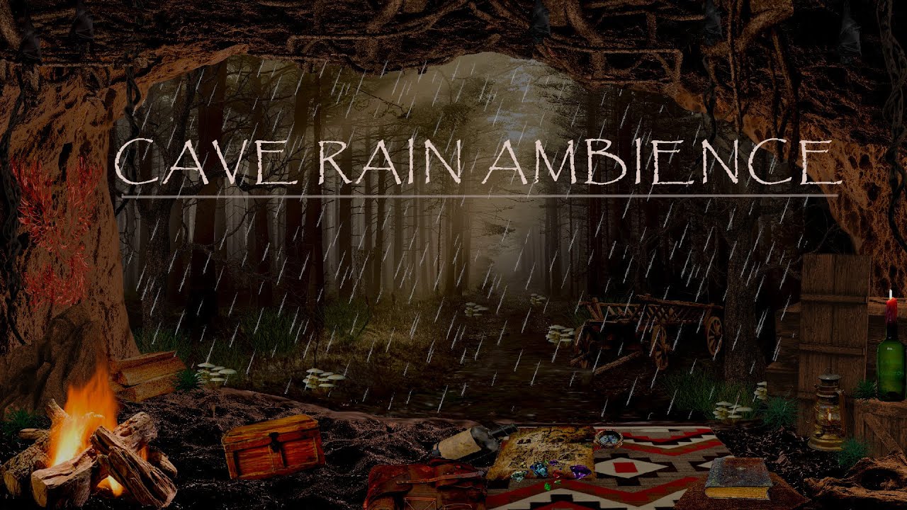 COZY CAVE RAIN AMBIENCE-RAIN STORM-DISTANT THUNDER-CRACKLING BONFIRE ...