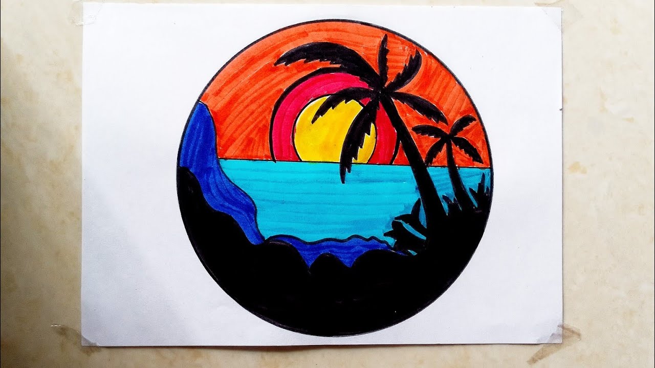 Circle scenery of Beach 🏖️ in Black & colourful Drawing|| scenery ...