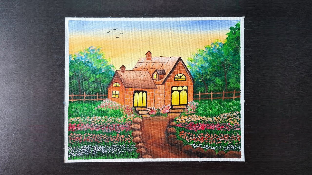 Beautiful House Painting | Acrylic Painting Tutorial | Nature Scenery ...