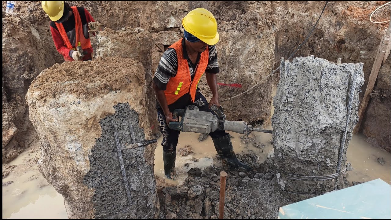 Hammer Beaker Bore Pile Demolition 1080p - YouTube