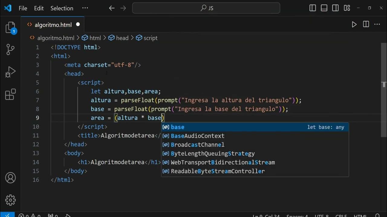 Algoritmo para calcular el área de un triangulo en javascript - YouTube