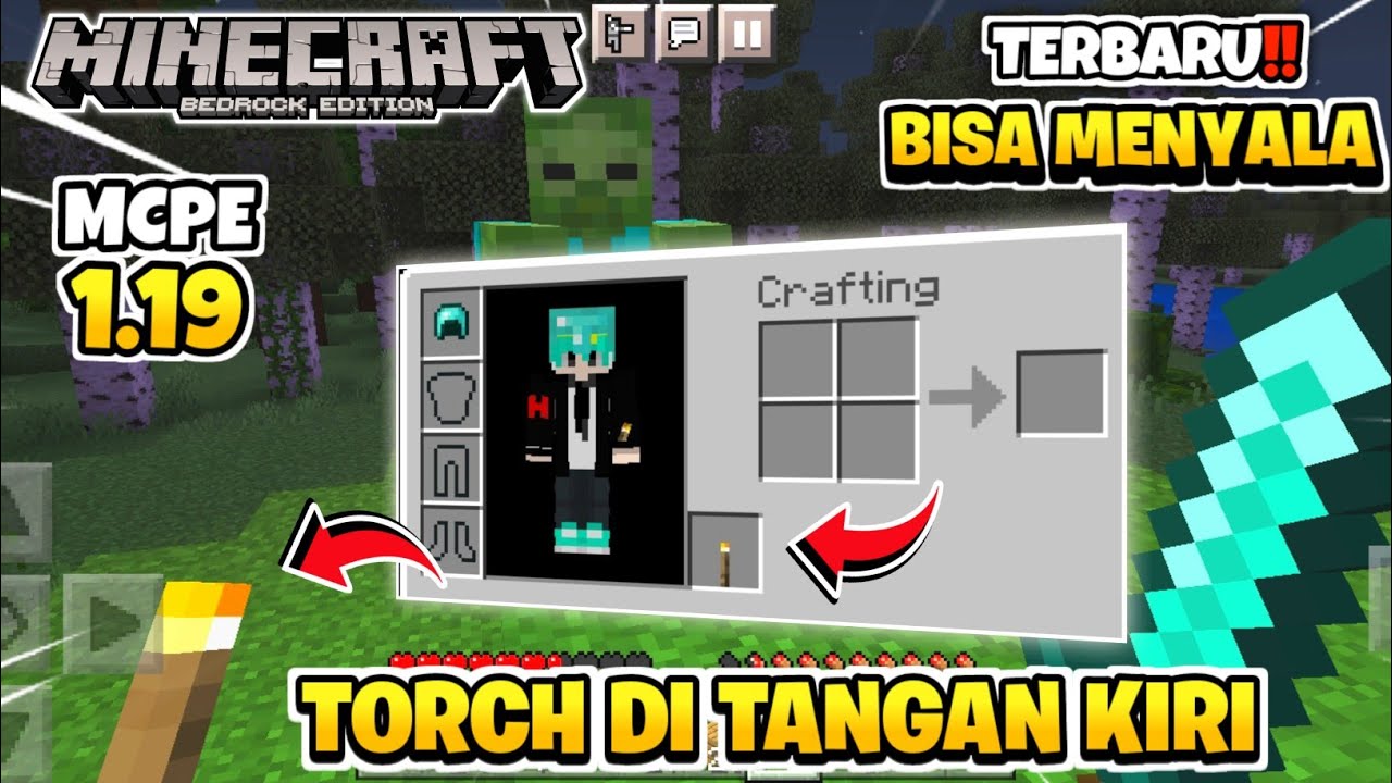 CARA MEMEGANG TORCH DI TANGAN KIRI DAN BISA MENYALA DI MCPE 1.19 ...