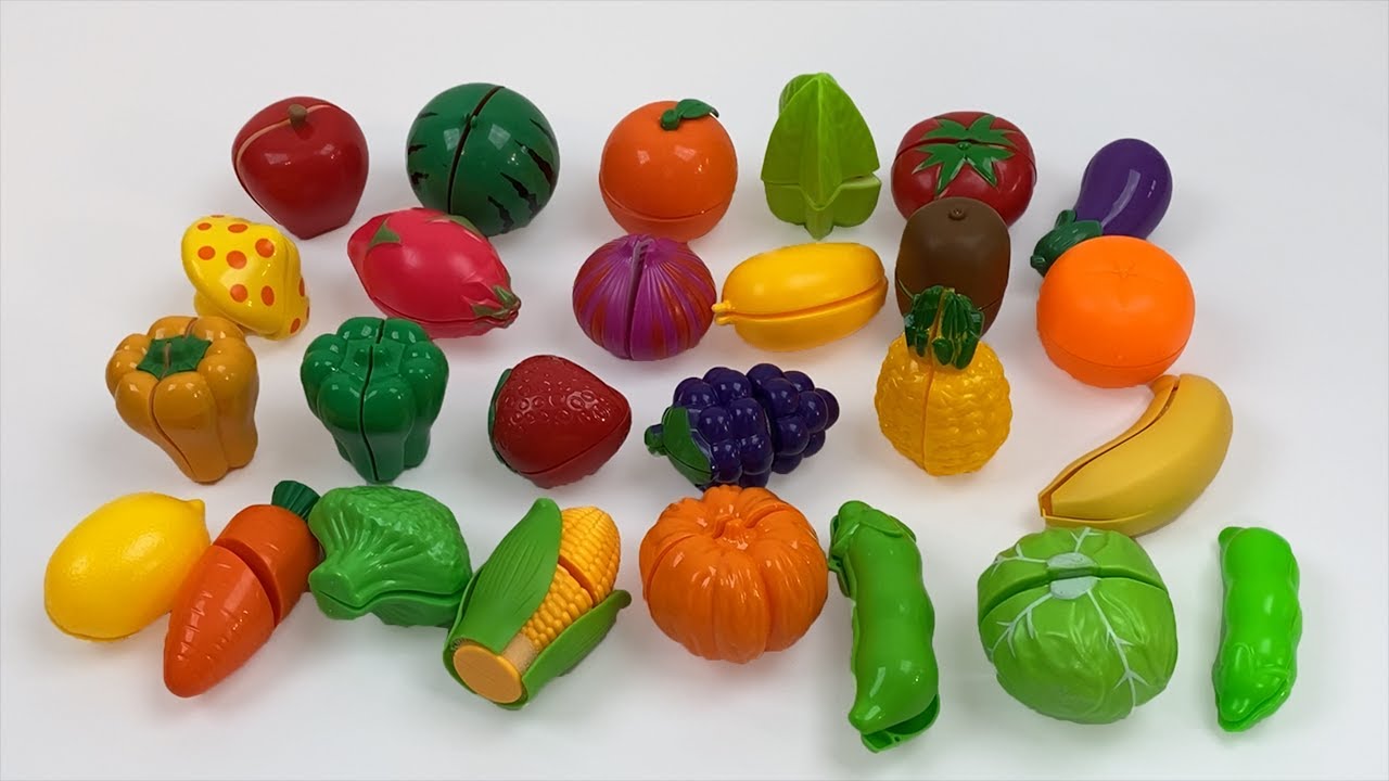 Learn names of fruits and vegetables with toy velcro cutting fruits and ...