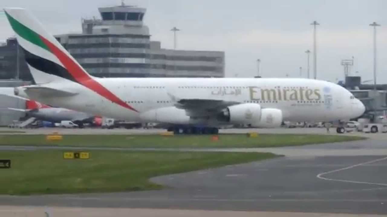 Emirates A380 push back and Monarch A321 take off at MAN 05/04/14 - YouTube