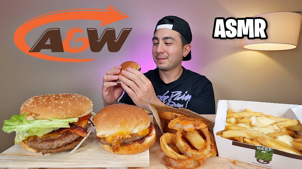 ASMR SUNDAY EATING A&W Buddy Burger + Teen Burger + Poutine + Onion ...