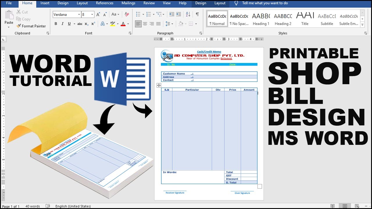 How To Make Colorful Printable Shop Bill Design in Microsoft Word ...