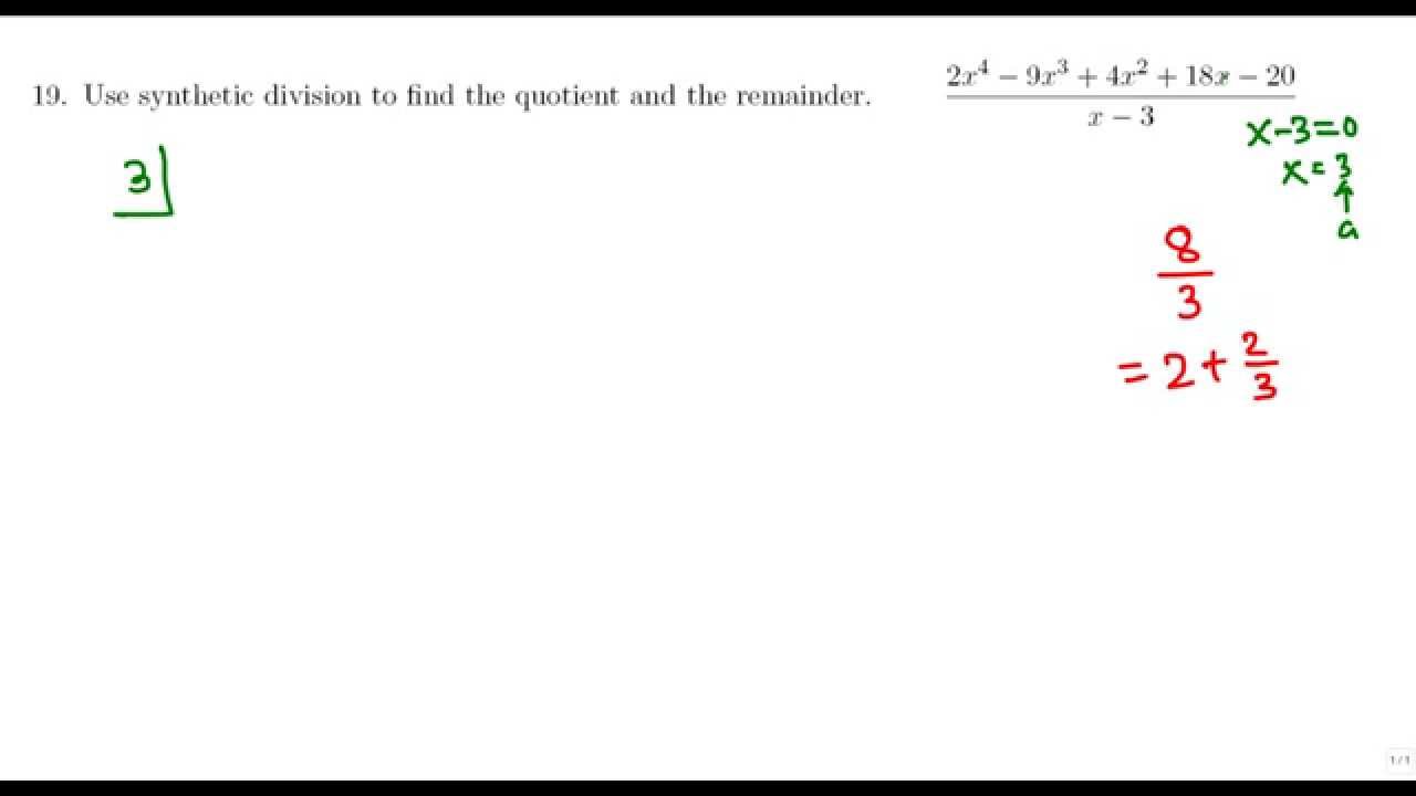 Quotient and remainder using synthetic division - YouTube