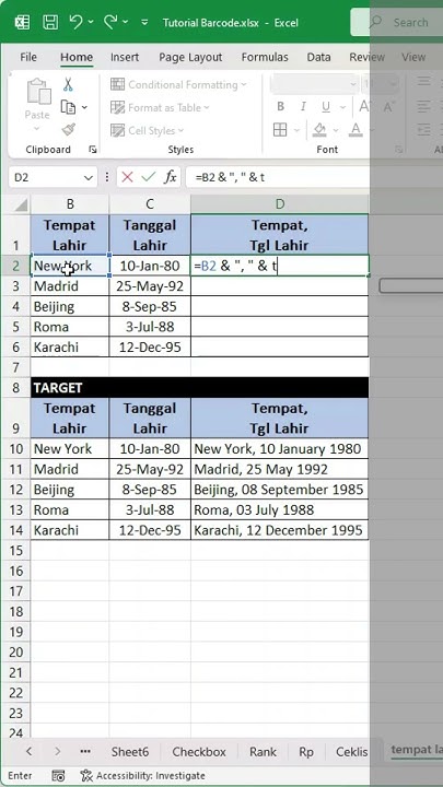 CARA MENGGABUNGKAN TEMPAT DAN TANGGAL LAHIR DI EXCEL #shorts #excel #exceltips - YouTube