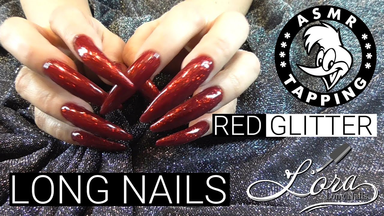 ASMR Red glitter LONG NAILS (tapping, scratching, no talking) - YouTube