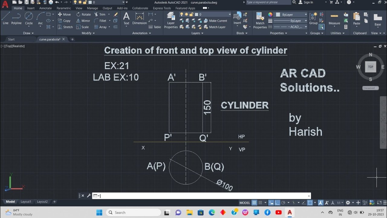AutoCAD 2D Creation of Front and Top view of Cylinder || Ex.no.21 - YouTube