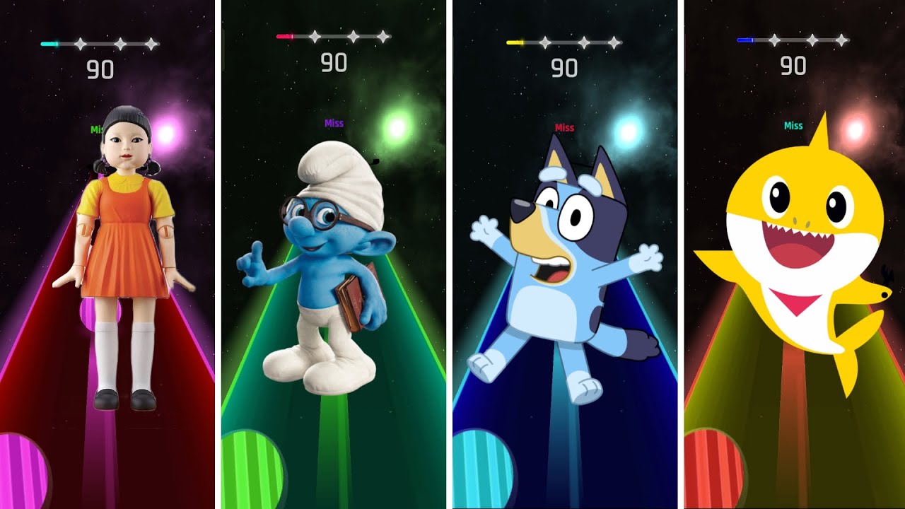 Squid Game vs Smurfs vs Bluey vs Baby Shark Tiles hop ️‍🔥🔥💥 - YouTube