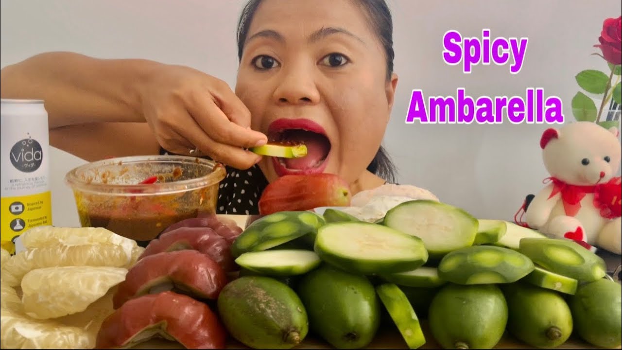ASMR AMBARELLA ROSE APPLE THAI + POMELA WITH SPICY BALACAN - YouTube