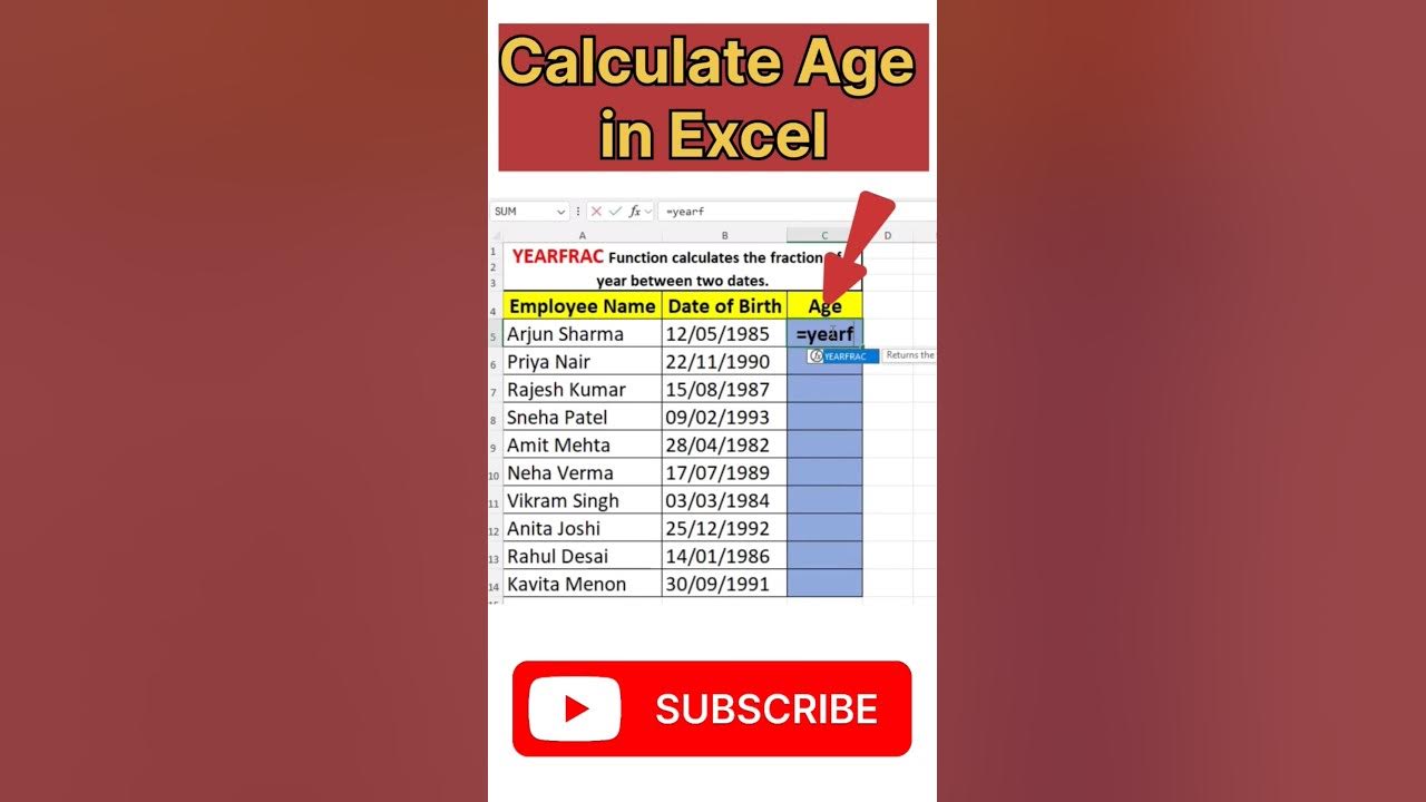 ExcelTrick#Calculate Age in Excel#YEARFRAC Function Excel#Excel#excelformula#shorts#viral#excel ...