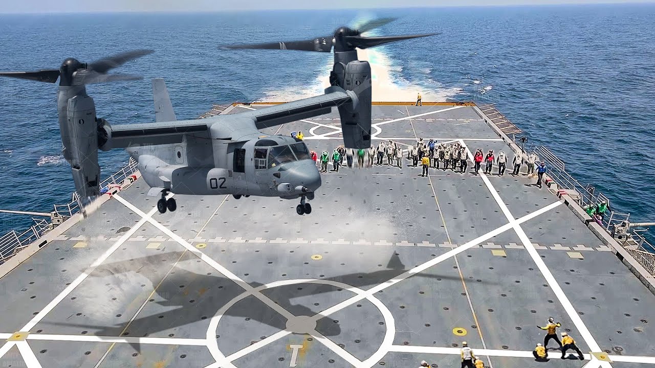 Massive US V-22 Try to Land on a Dangerous Moving US Navy Ship at Sea ...